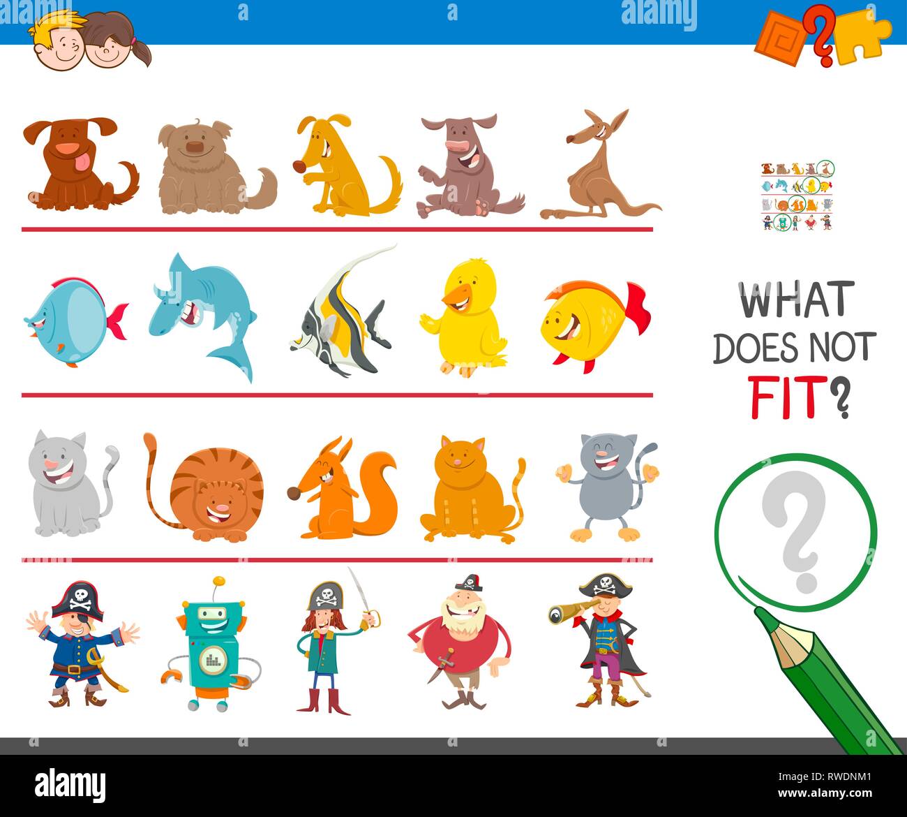 Cartoon Illustration of Finding Picture that does not Fit in a Row ...