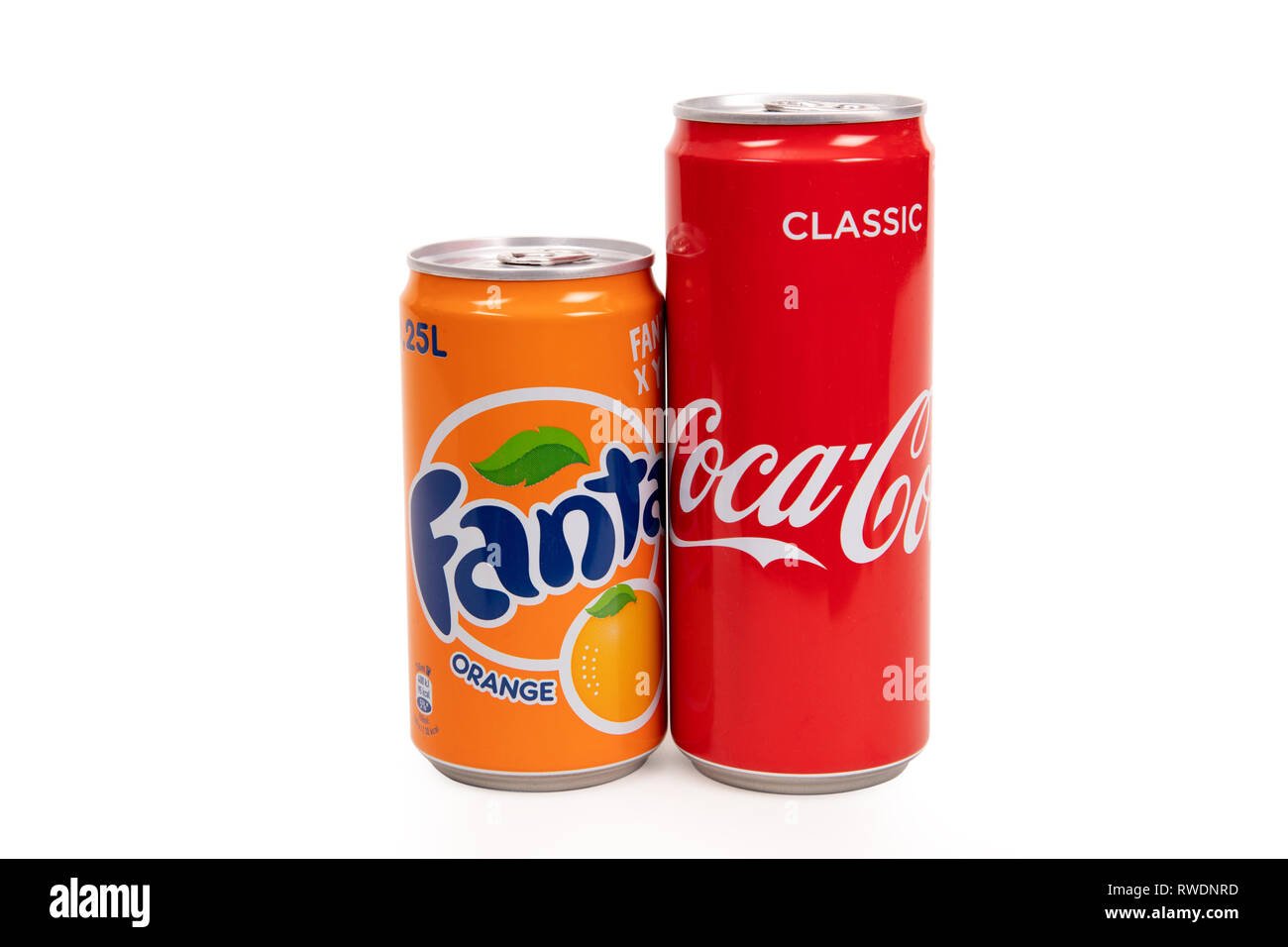 HUETTENBERG, GERMANY - JUNE 7, 2018: Cans of Classic Coca-Cola ant ...