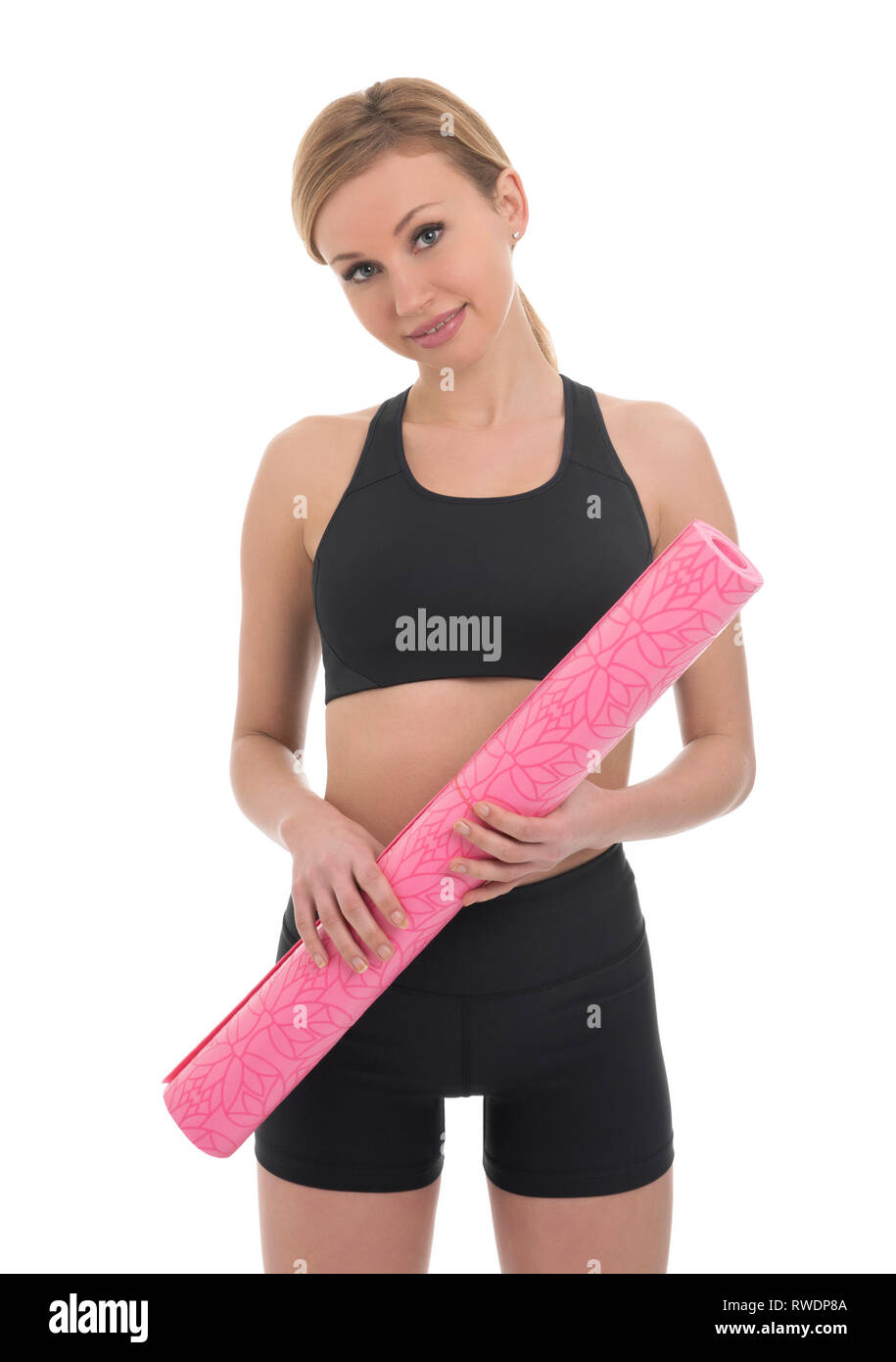 Fitness images. Girl exercising holding yoga mat on white background ...