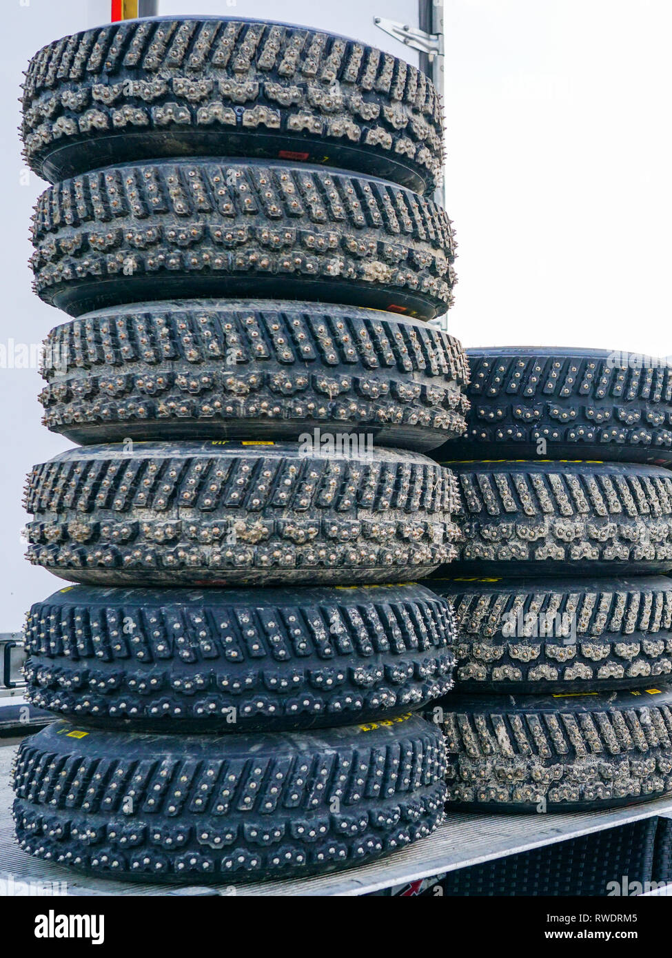 group of studded snow tires for rally for use in winter rally stages ...