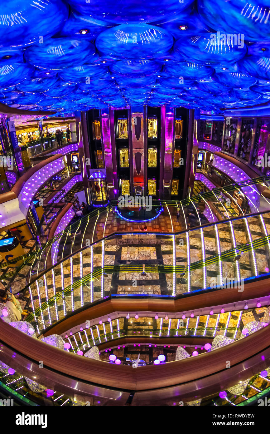 Main hall of a classy and elegant brand new cruise ship, view from the ...
