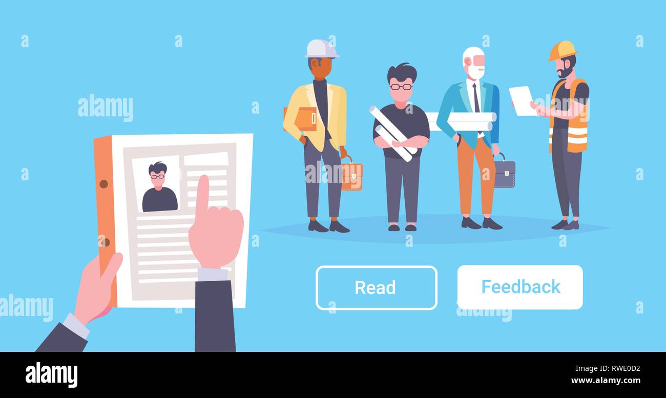 hr manager hand hold cv resume of man engineer over construction ...