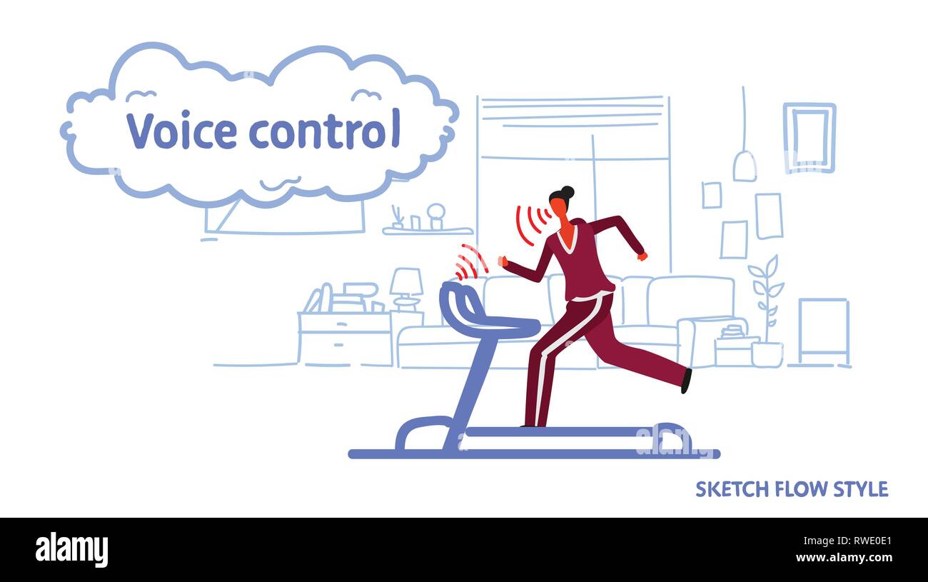 woman running on treadmill smart tech recognizes commands voice control ...