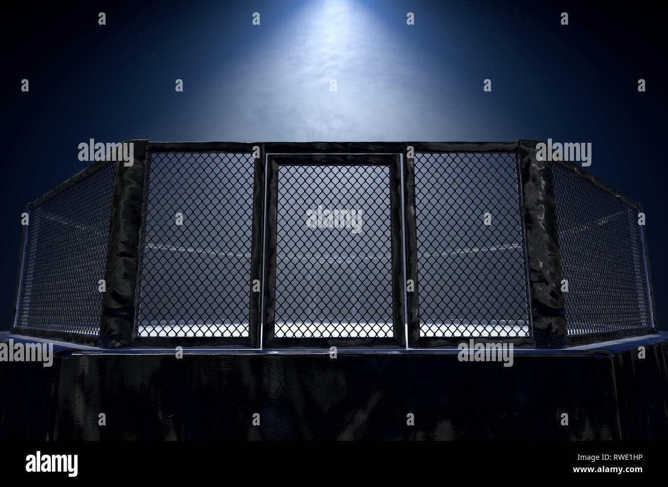 A 3D render of an MMA fight cage arena dressed in black padding spotlit ...