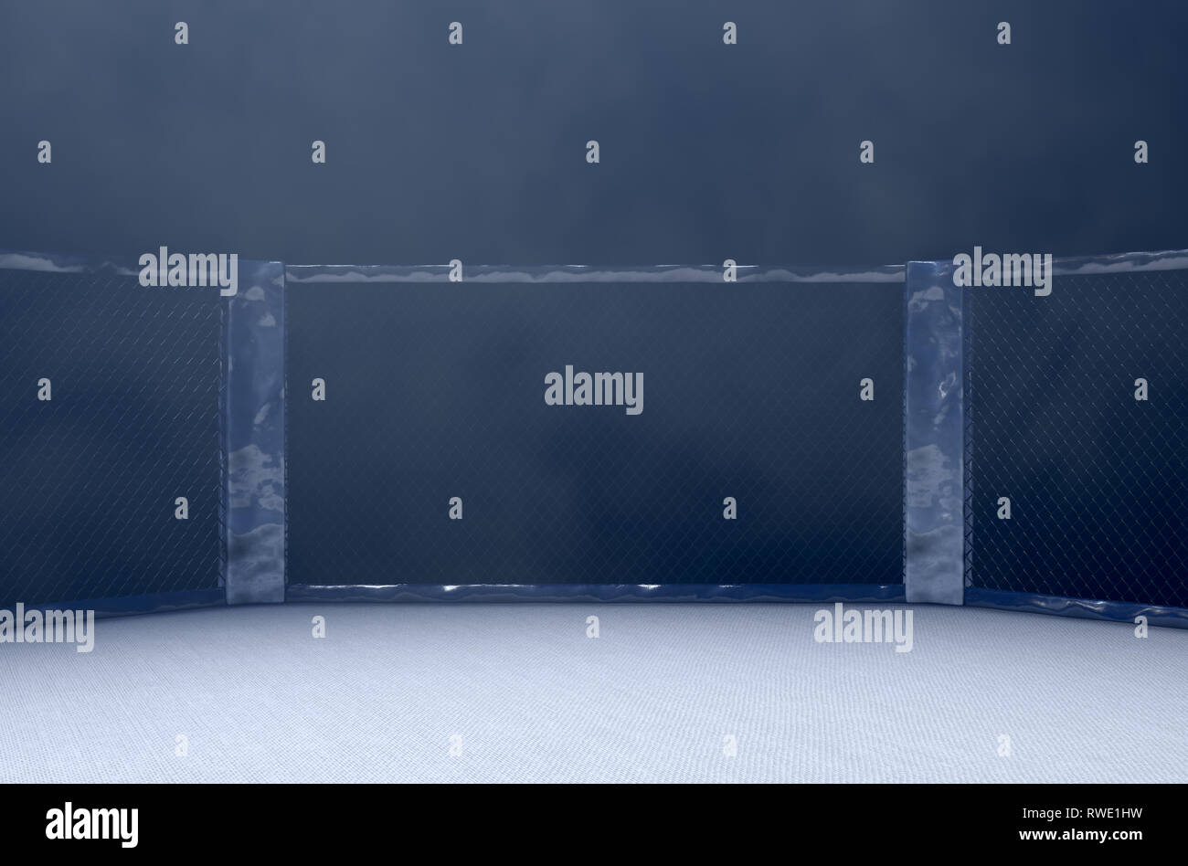 A 3D render of an MMA fight cage arena dressed in black padding spotlit ...