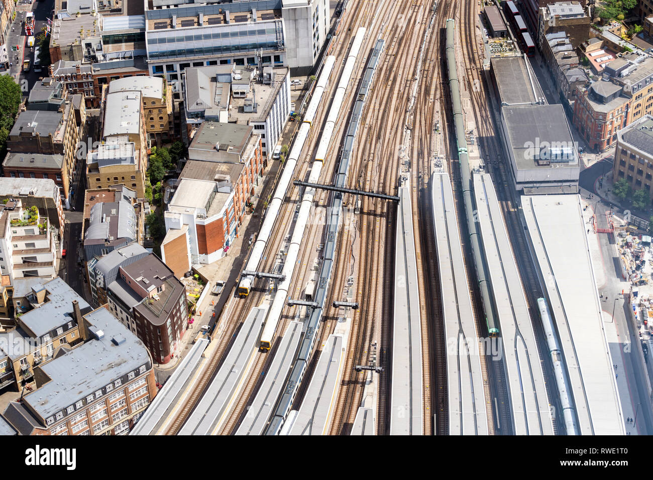 Aerial view of train track and train station in London England Stock ...