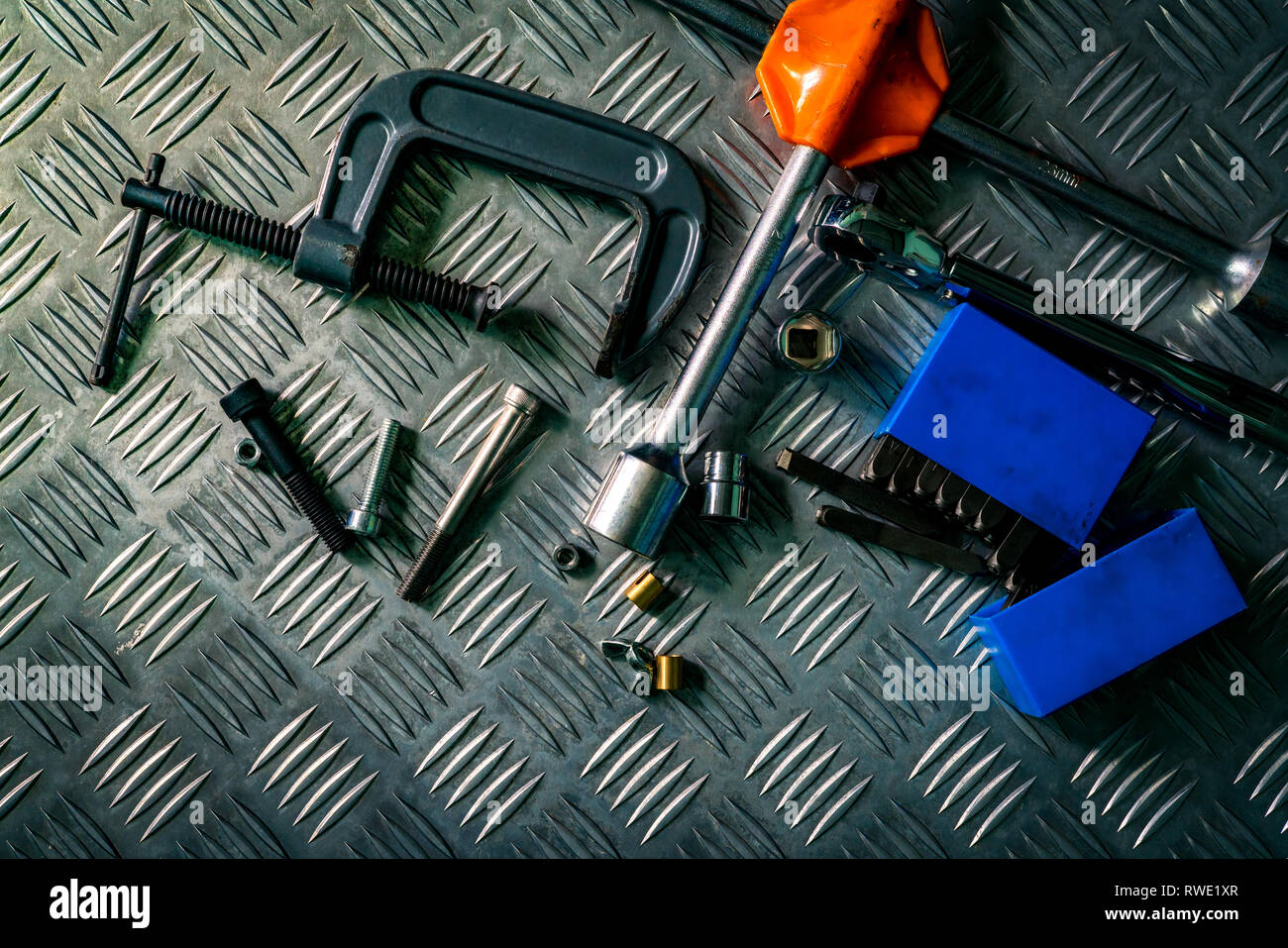 Top view of tools on industrial metal checker plate. Metal checkerplate ...