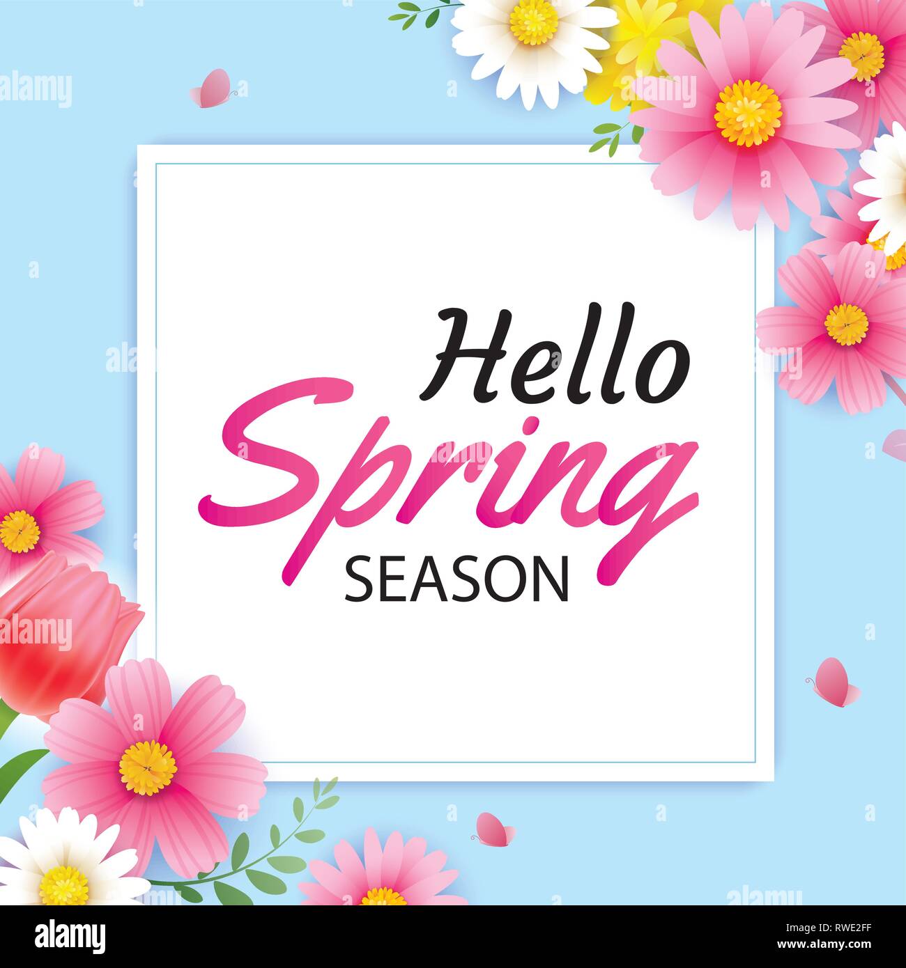 Hello spring greeting card and invitation with blooming flowers ...