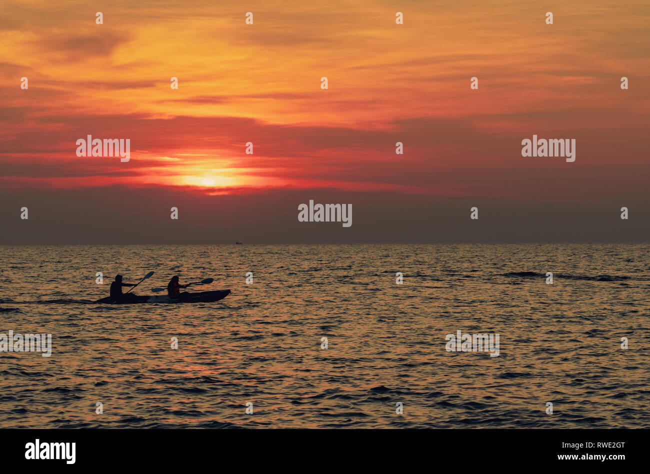 Silhouette of couples are kayaking in the sea at sunset. Kayak in the ...