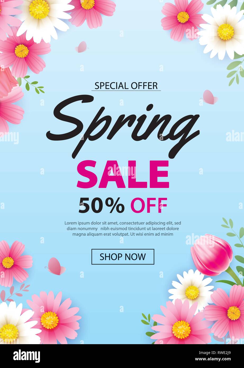 Spring sale poster banner with blooming flowers background template ...