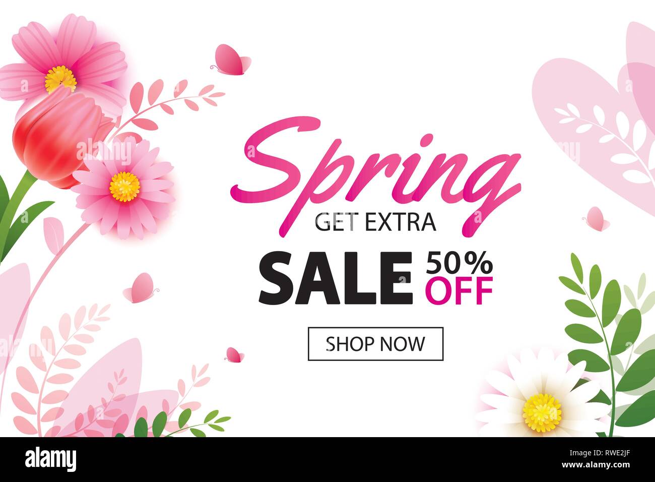Spring sale banner with blooming flowers background template. Design ...