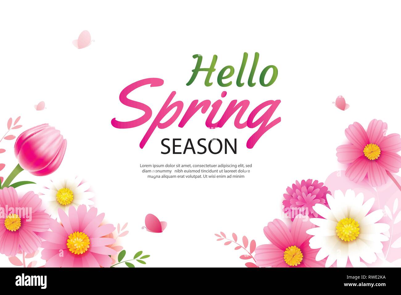 Hello spring greeting card and invitation with blooming flowers ...