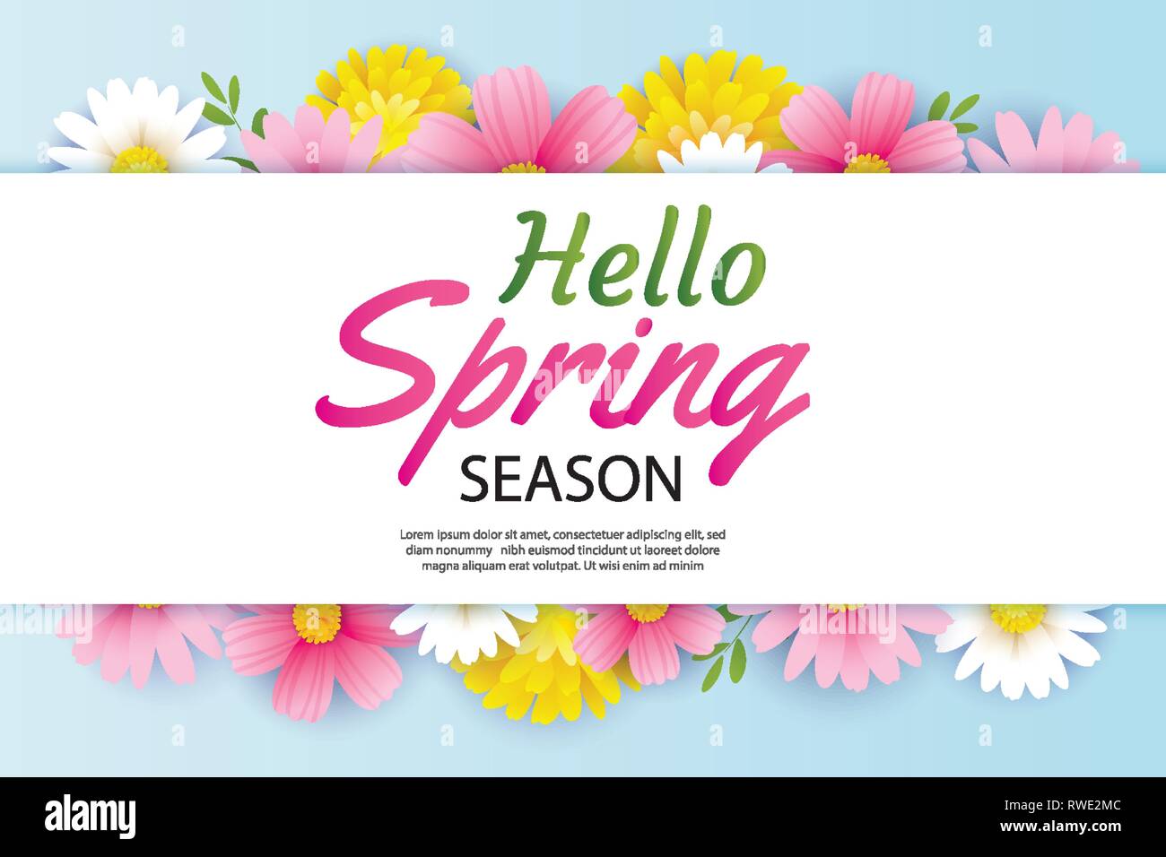 Hello spring greeting card and invitation with blooming flowers ...