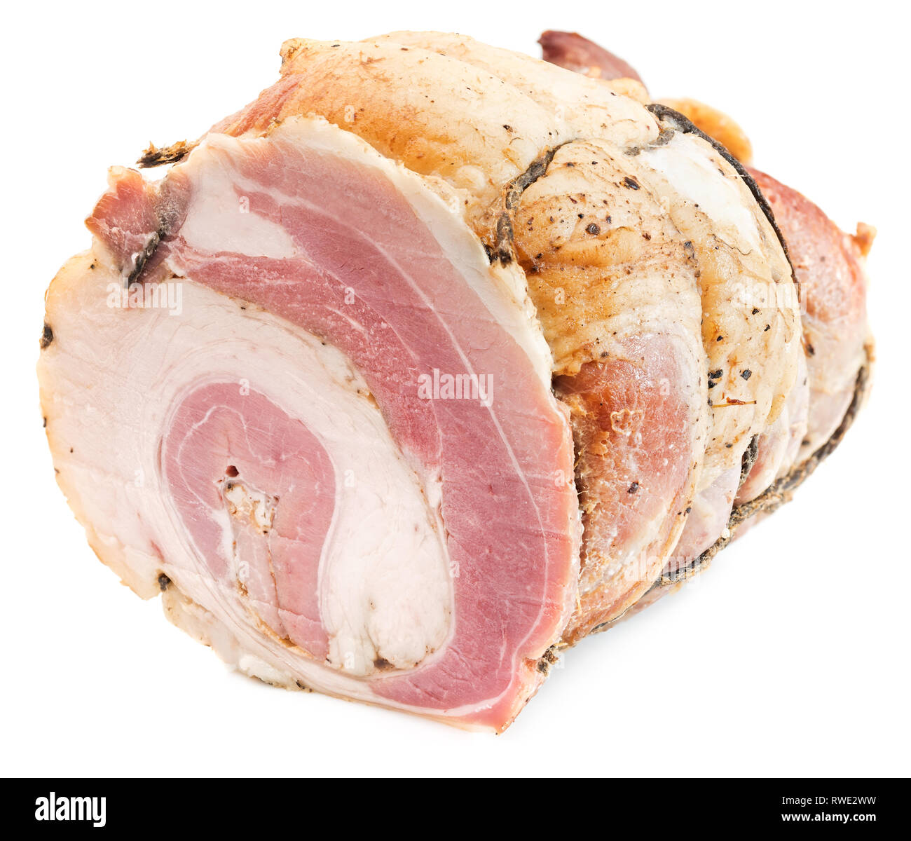 Cured, smoked bacon, fat isolated on white background. Raw rolled bacon ...