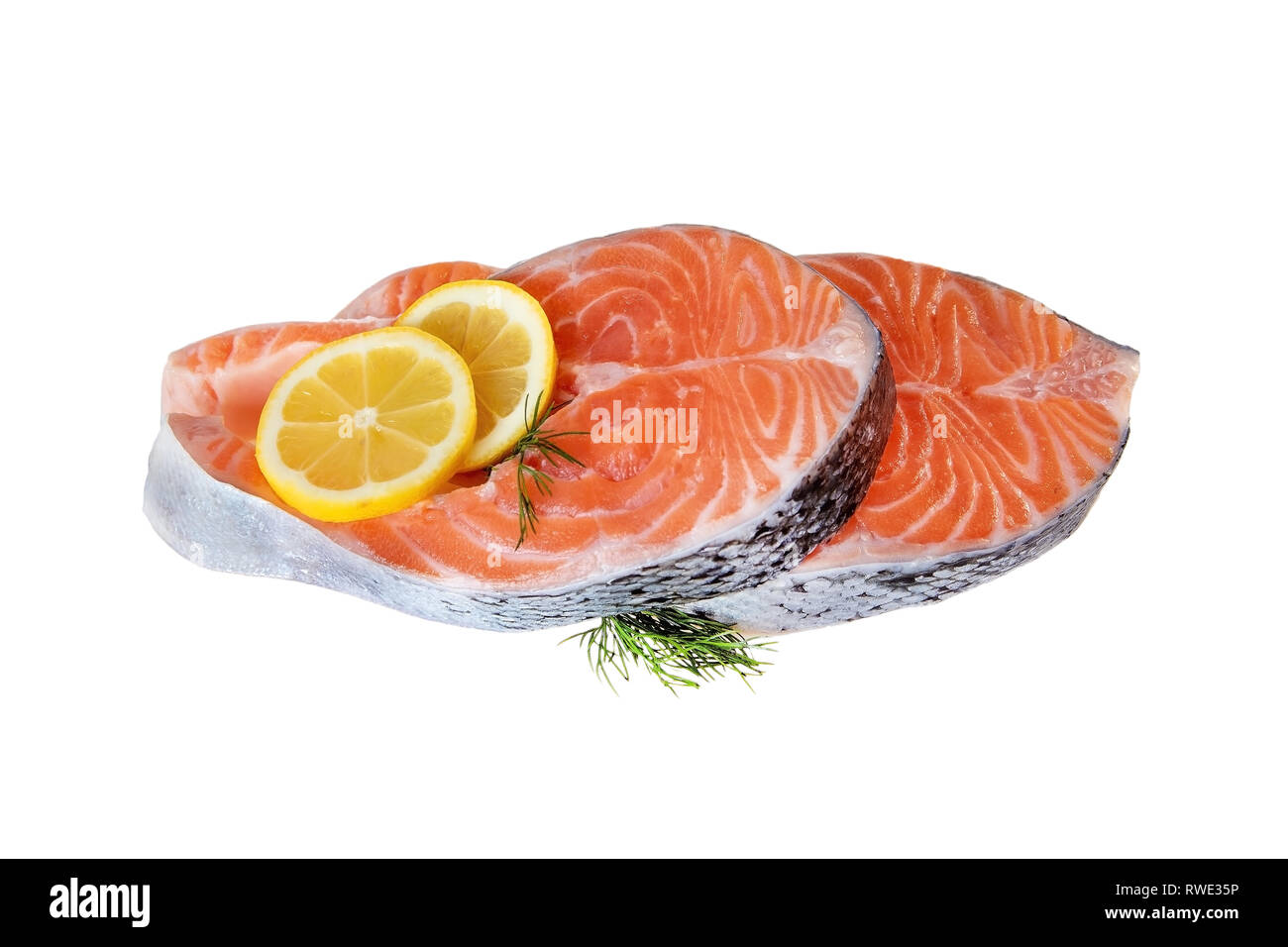 Salmon fish steak two raw uncooked salmon steaks isolated on white ...