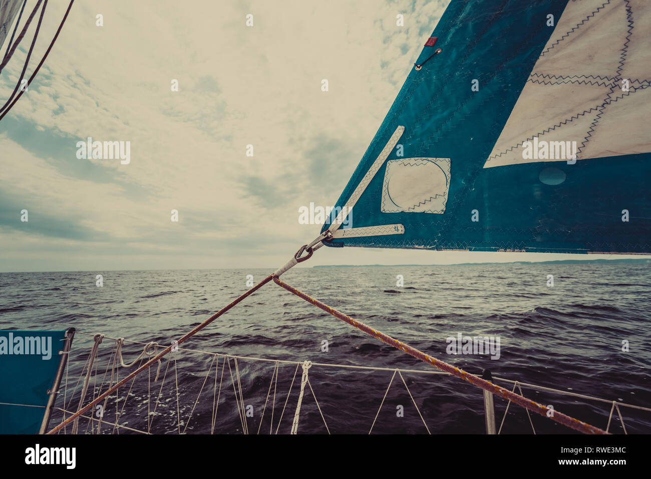 Detailed closeup of sail fabric on sailboat, outdoor shot. Marine ...