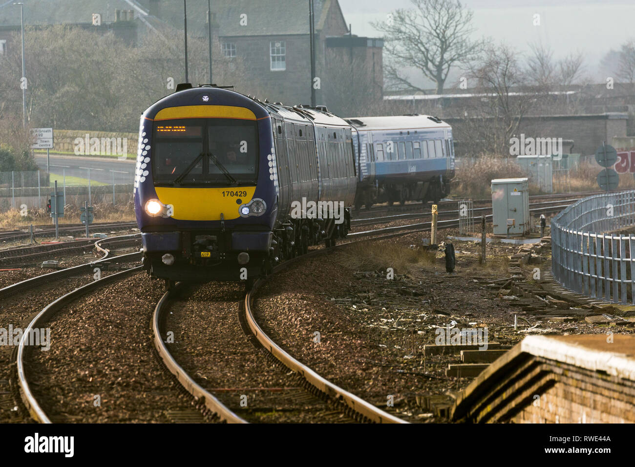 morning commuter train Scotrail arriving Montrose Angus. Heading for ...