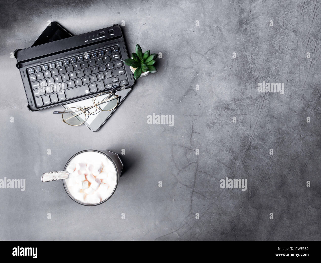 Flat lay, top view office table desk. Workspace with blank clip board ...