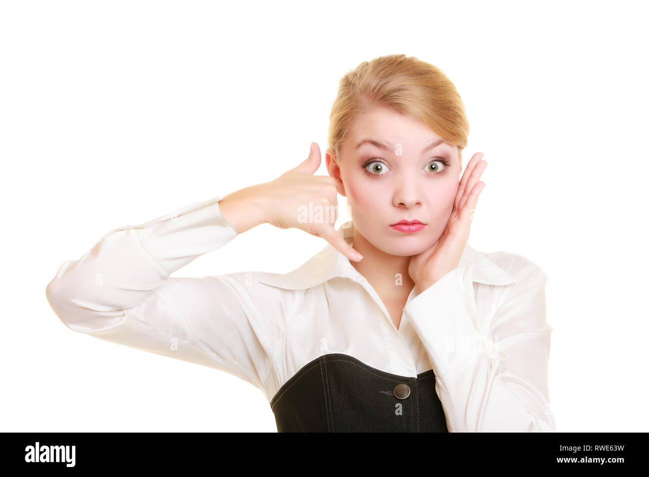Worried businesswoman making call me gesture. Girl with phone hand sign ...