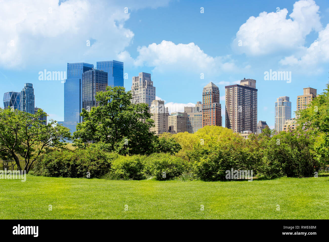 Iconic view of sunlit New York city skyline from flourishing Central ...