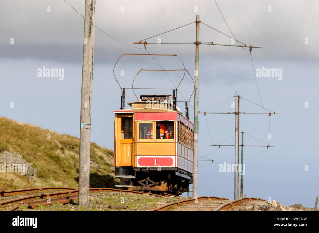 The wooden built Snaefell mountain electric powered railway tram at the ...