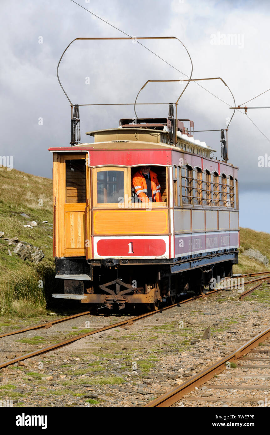 The wooden built Snaefell mountain electric powered railway tram at the ...