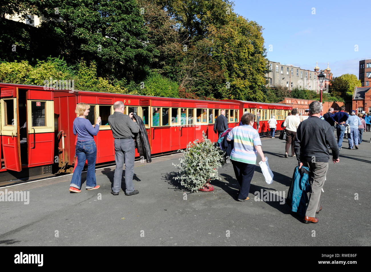 Passengers arrive by steam train at Douglas railway station in Douglas ...