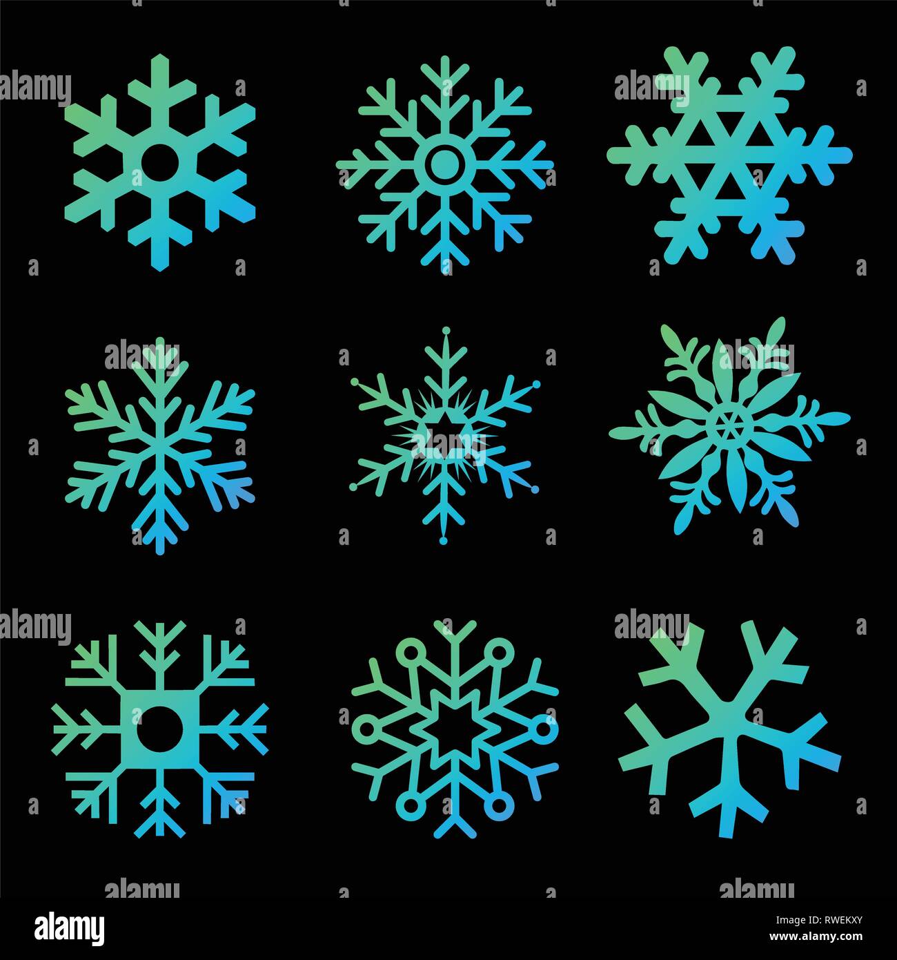 Modern gradient Snowflakes vector set on a black background. Vector ...