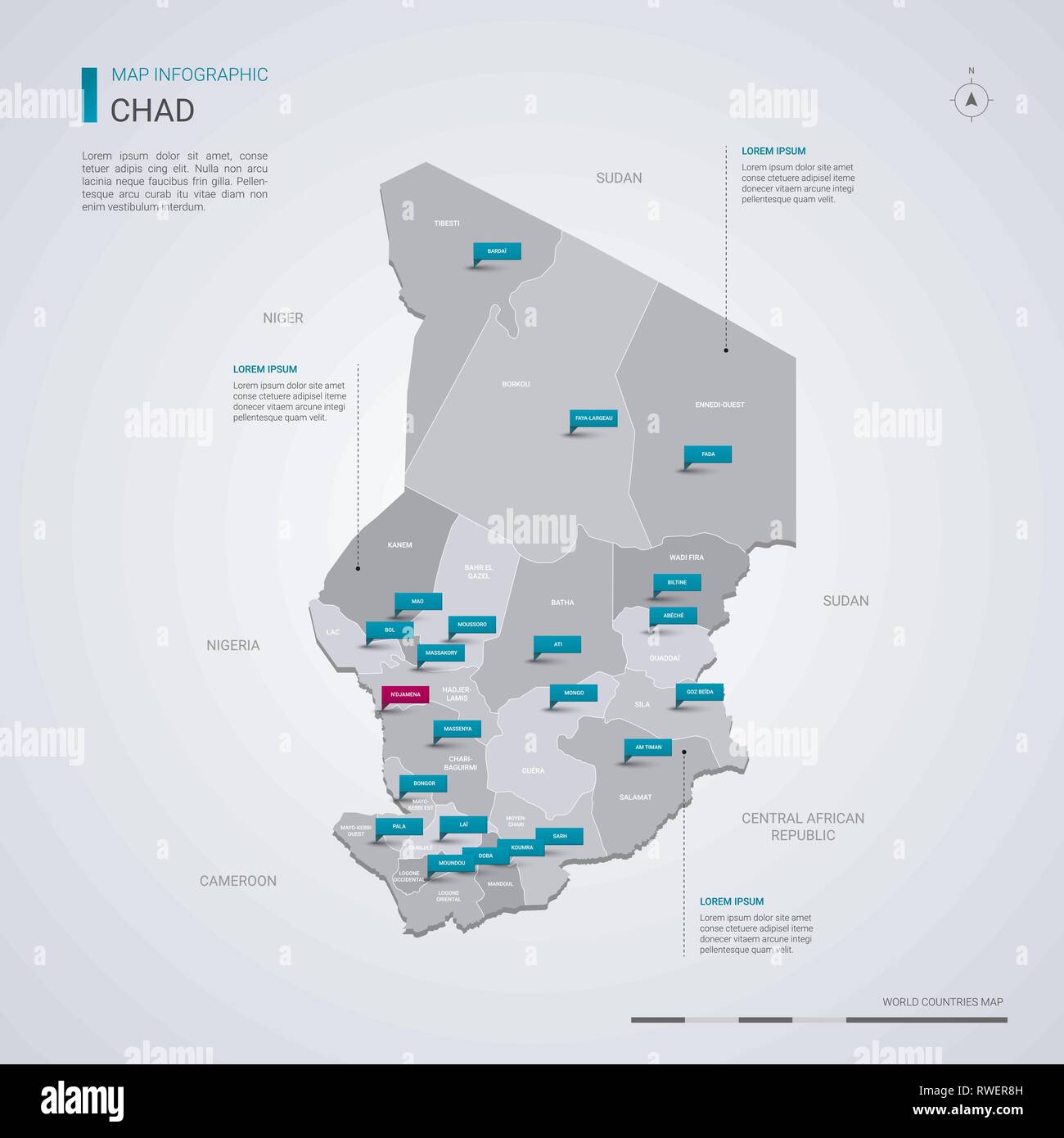 Chad vector map with infographic elements, pointer marks. Editable ...