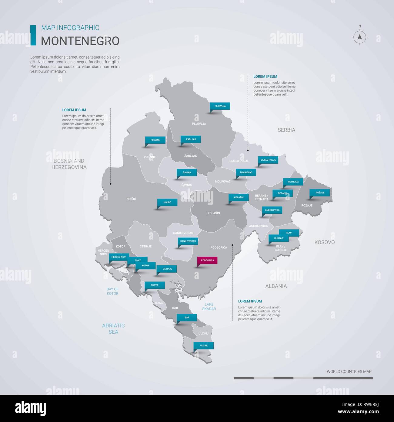 Montenegro vector map with infographic elements, pointer marks ...