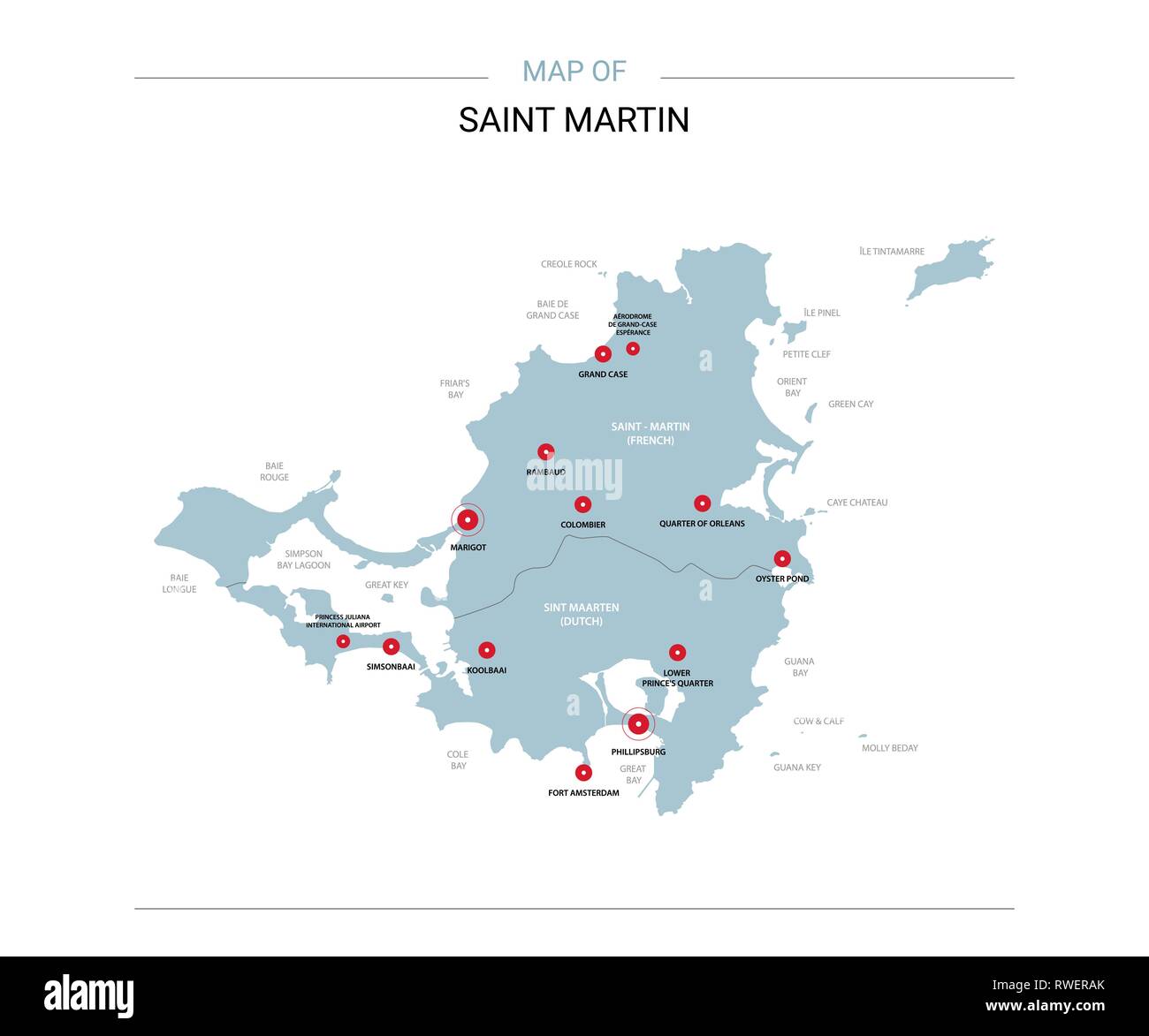 Saint Martin vector map. Editable template with regions, cities, red ...
