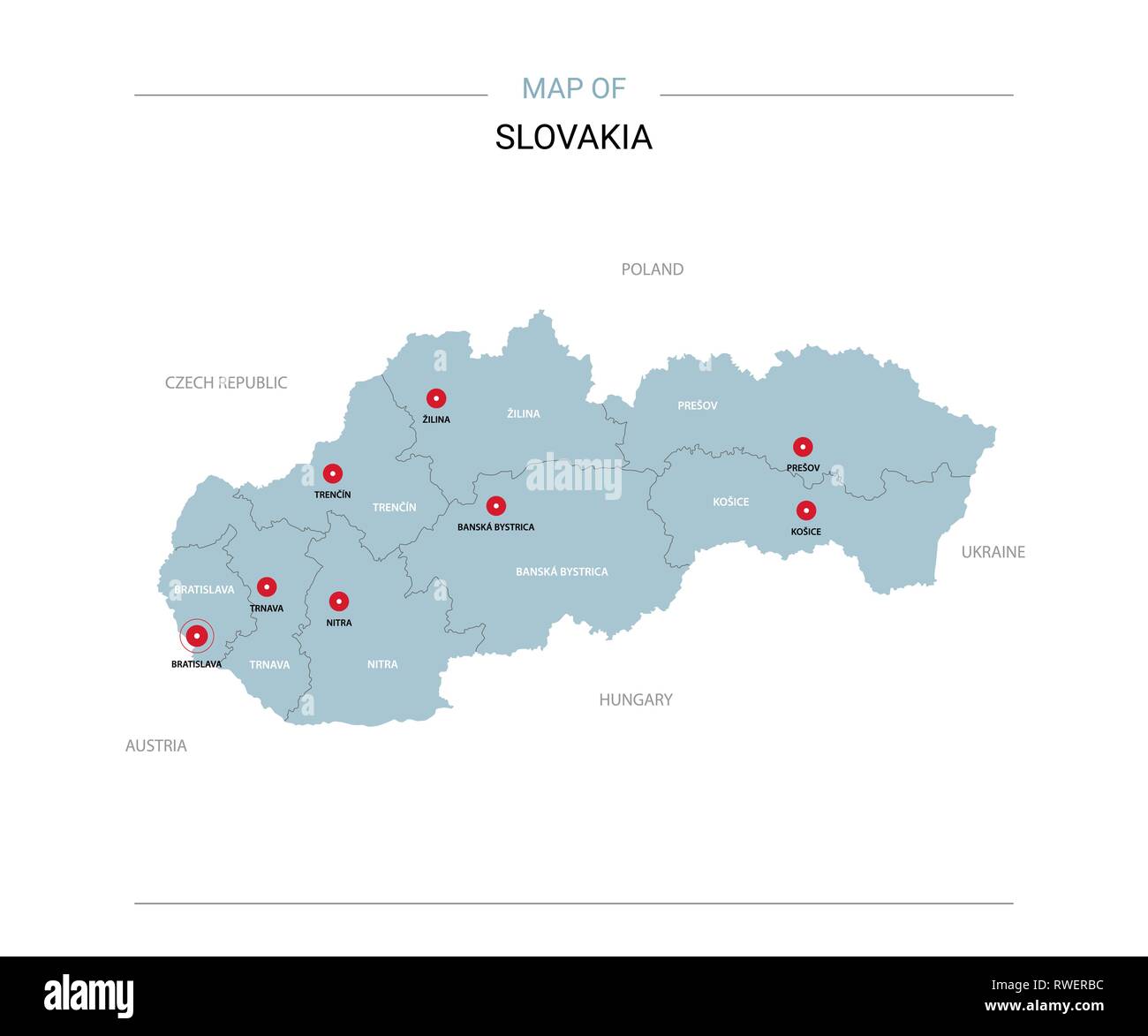 Slovakia vector map. Editable template with regions, cities, red pins ...