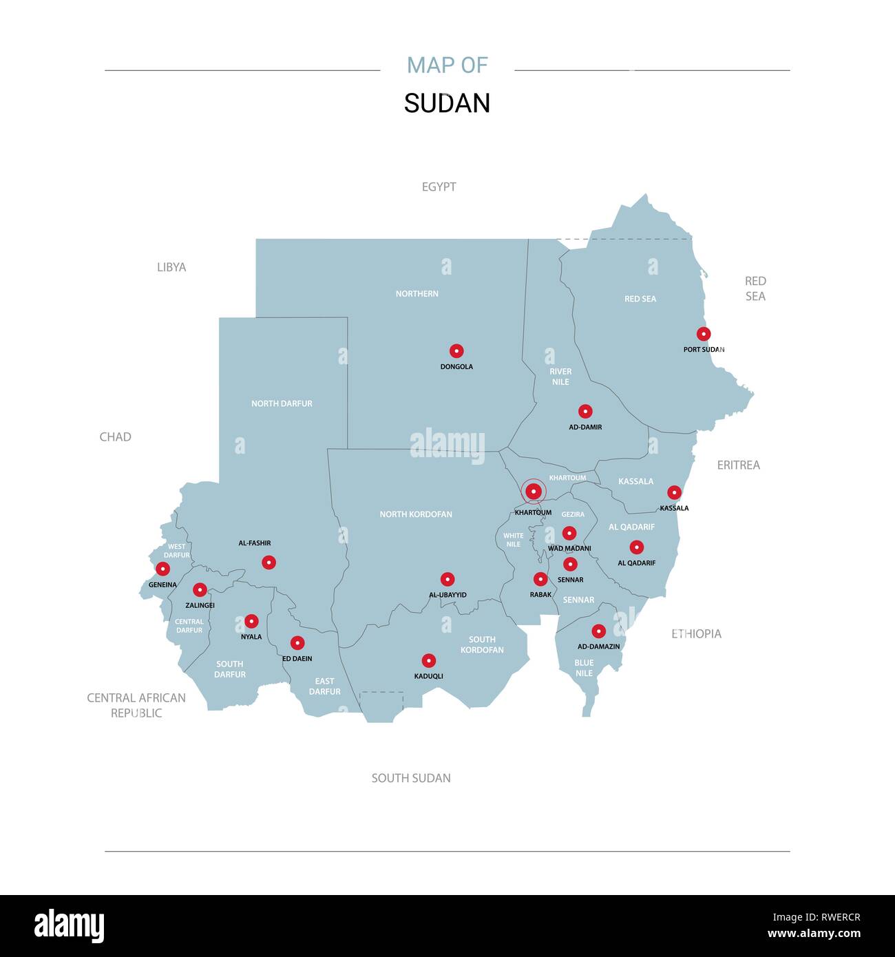 Sudan vector map. Editable template with regions, cities, red pins and ...