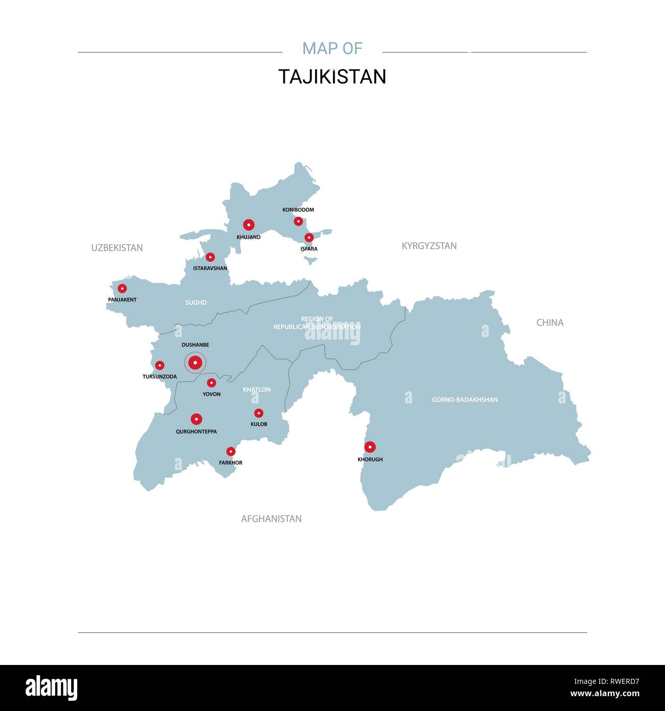 Tajikistan Vector Map Editable Template With Regions Cities Red Pins