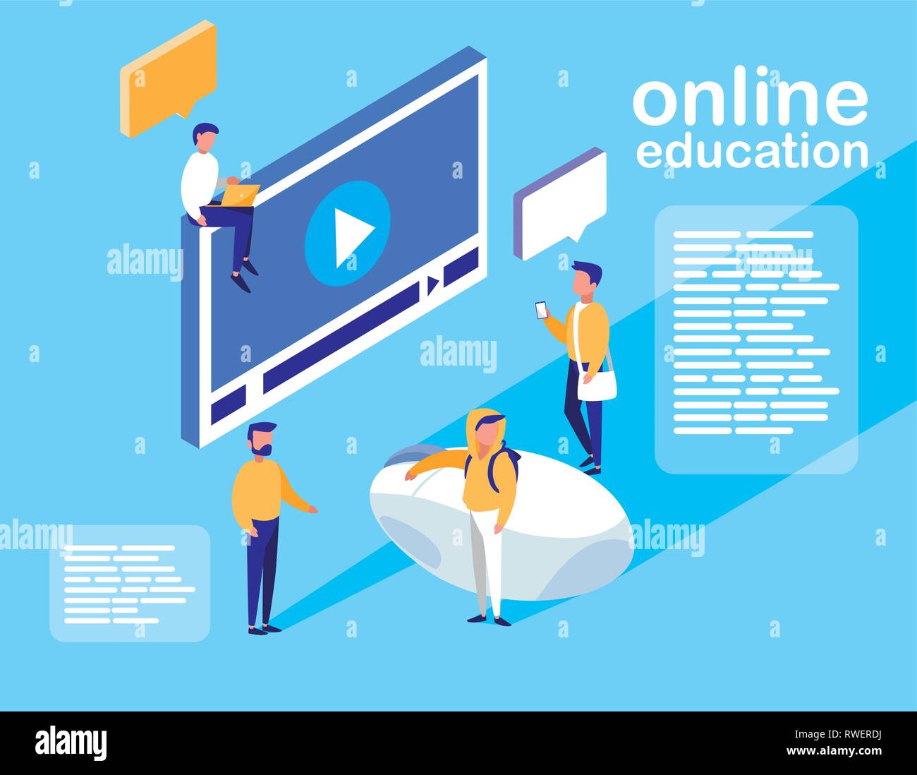 online education with media player display and mini people vector ...