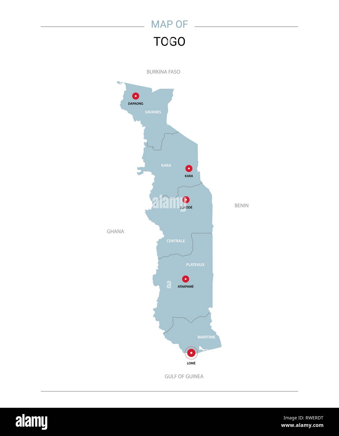 Togo vector map. Editable template with regions, cities, red pins and ...