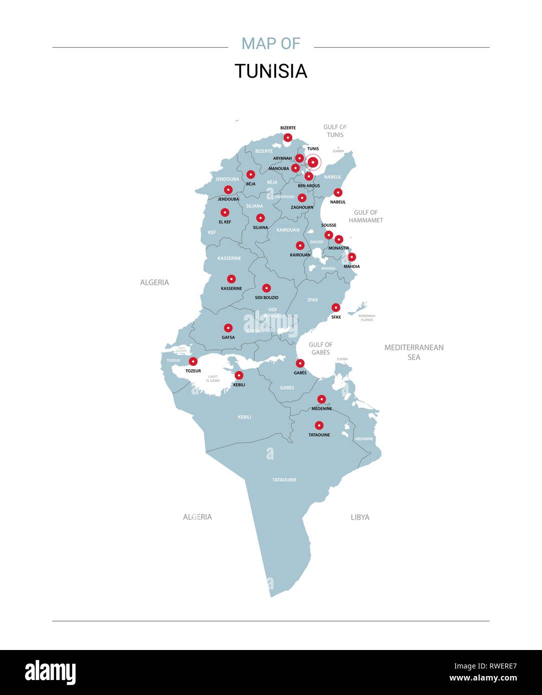 Tunisia vector map. Editable template with regions, cities, red pins ...