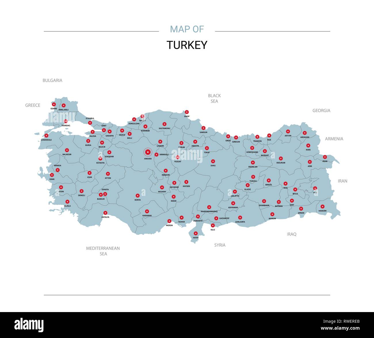 Turkey Vector Map Editable Template With Regions Cities Red Pins And