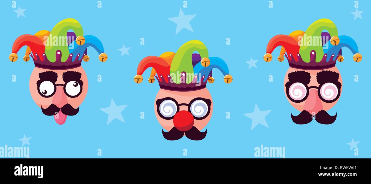april fools day with crazy faces and joker hats vector illustration ...