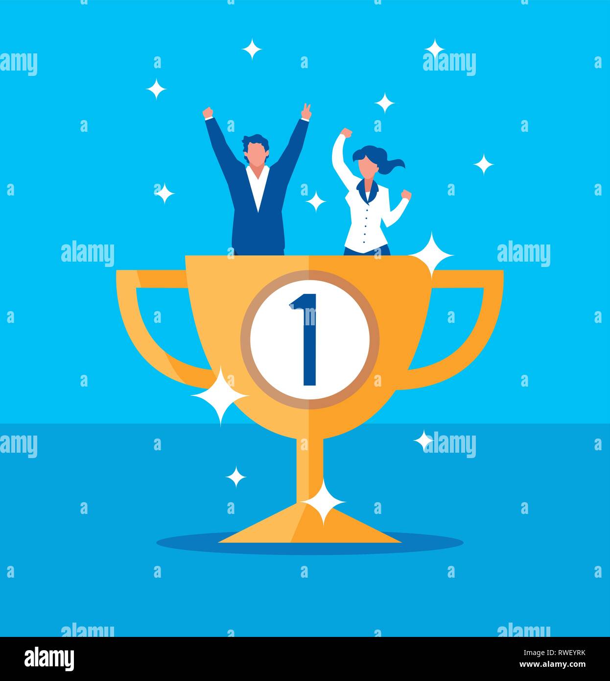 successful business couple celebrating with trophy cup vector ...