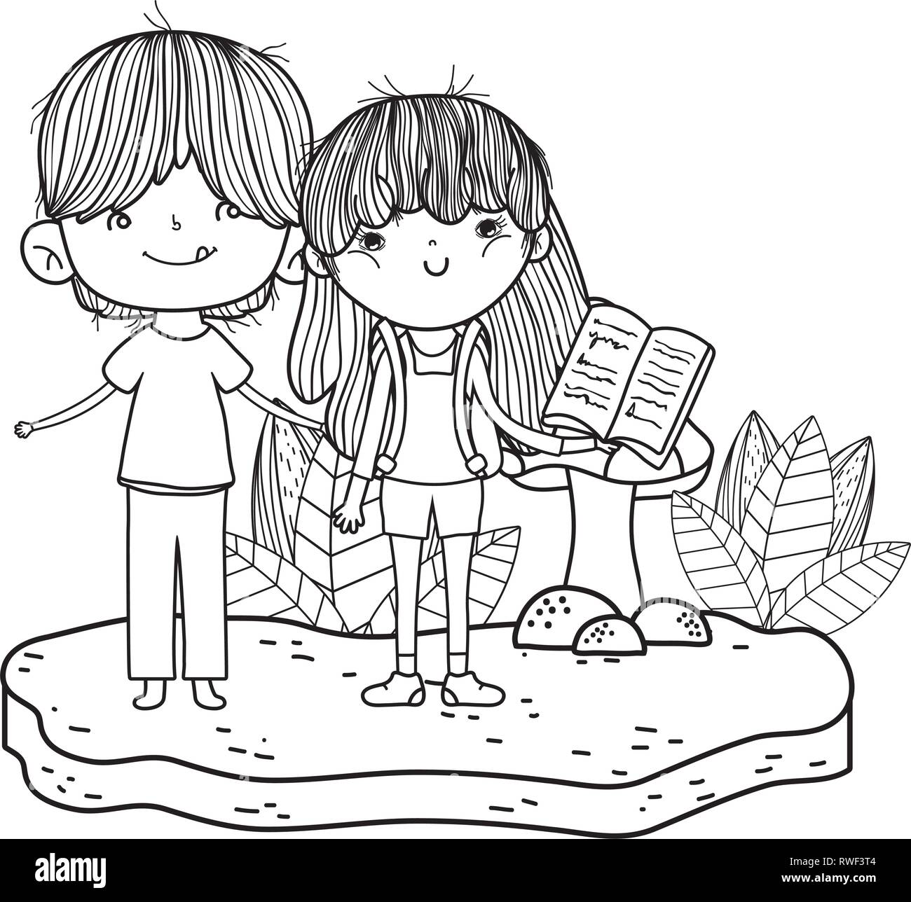 happy little kids reading books in the landscape Stock Vector Image ...