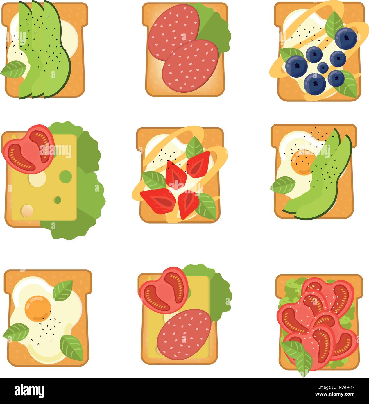 Set of sandwiches with different ingredients. Toast with avocado ...