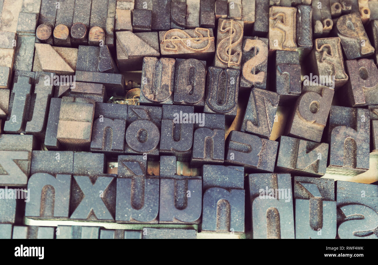 Old letterpress background, close up of many retro, random metal ...