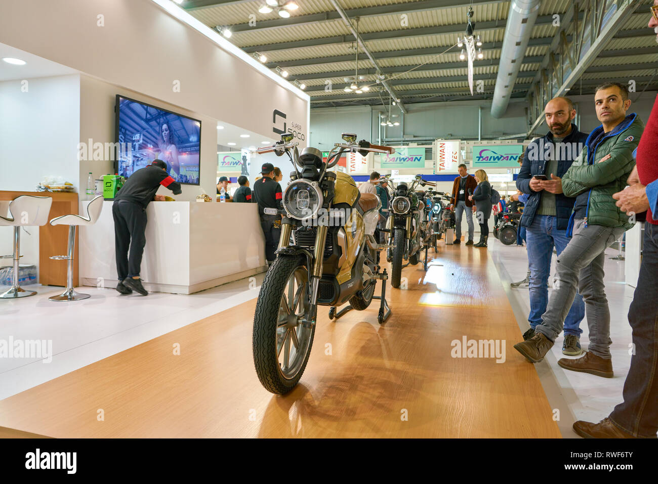 MILAN, ITALY - NOVEMBER 11, 2017: Super Soco stand during EICMA 2017 ...