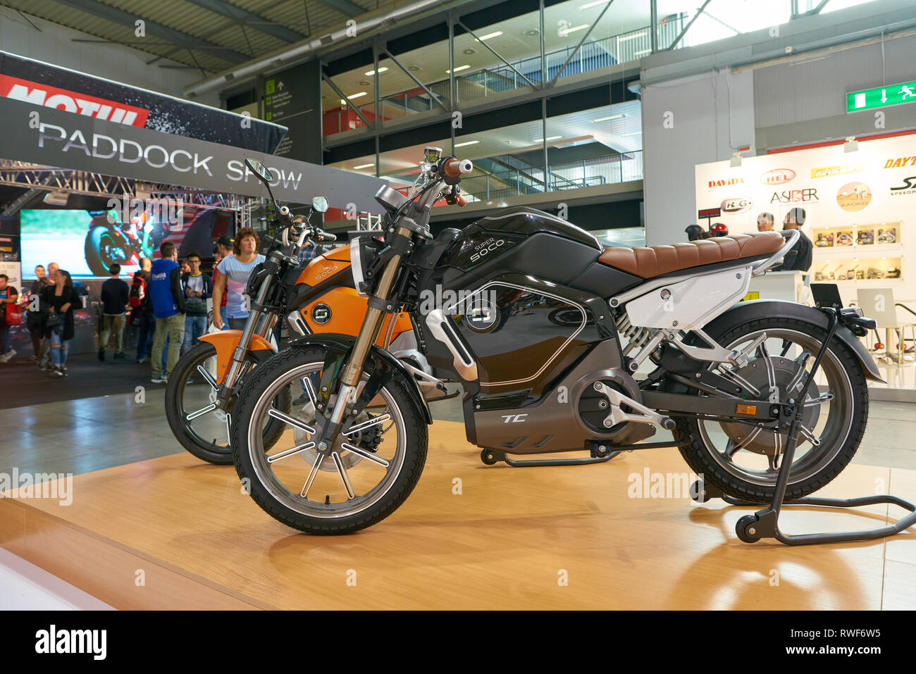 MILAN, ITALY - NOVEMBER 11, 2017: Super Soco stand during EICMA 2017 ...