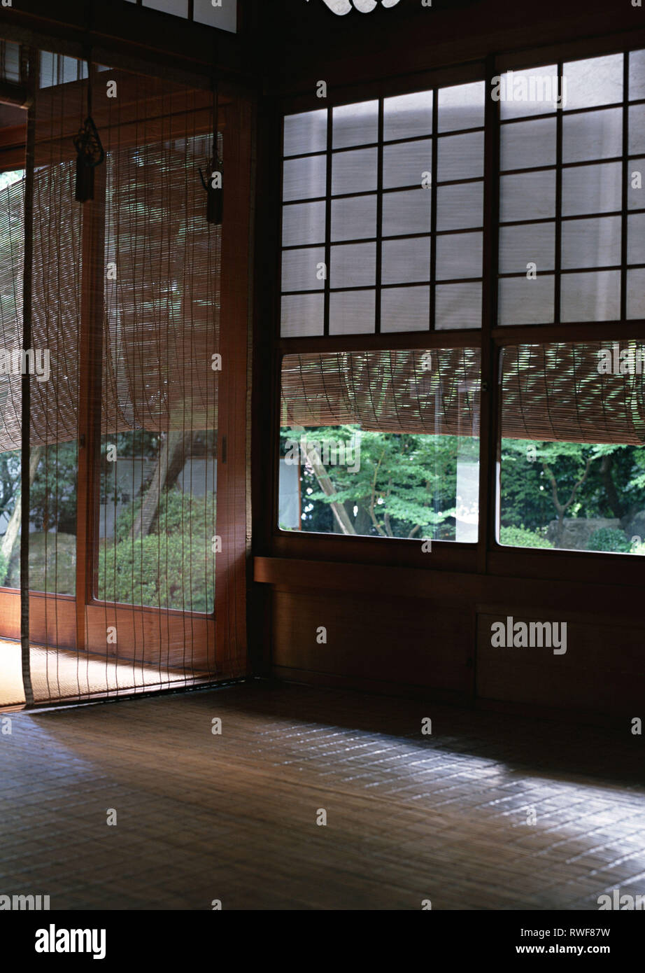 Japanese house interior wooden window with white texture details ...