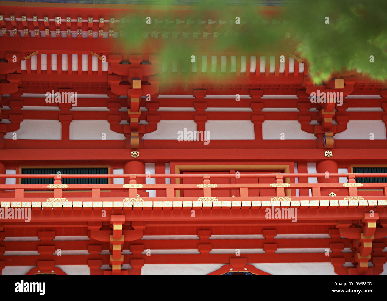 Japanese red, gold and white temple architecture with handrail details ...