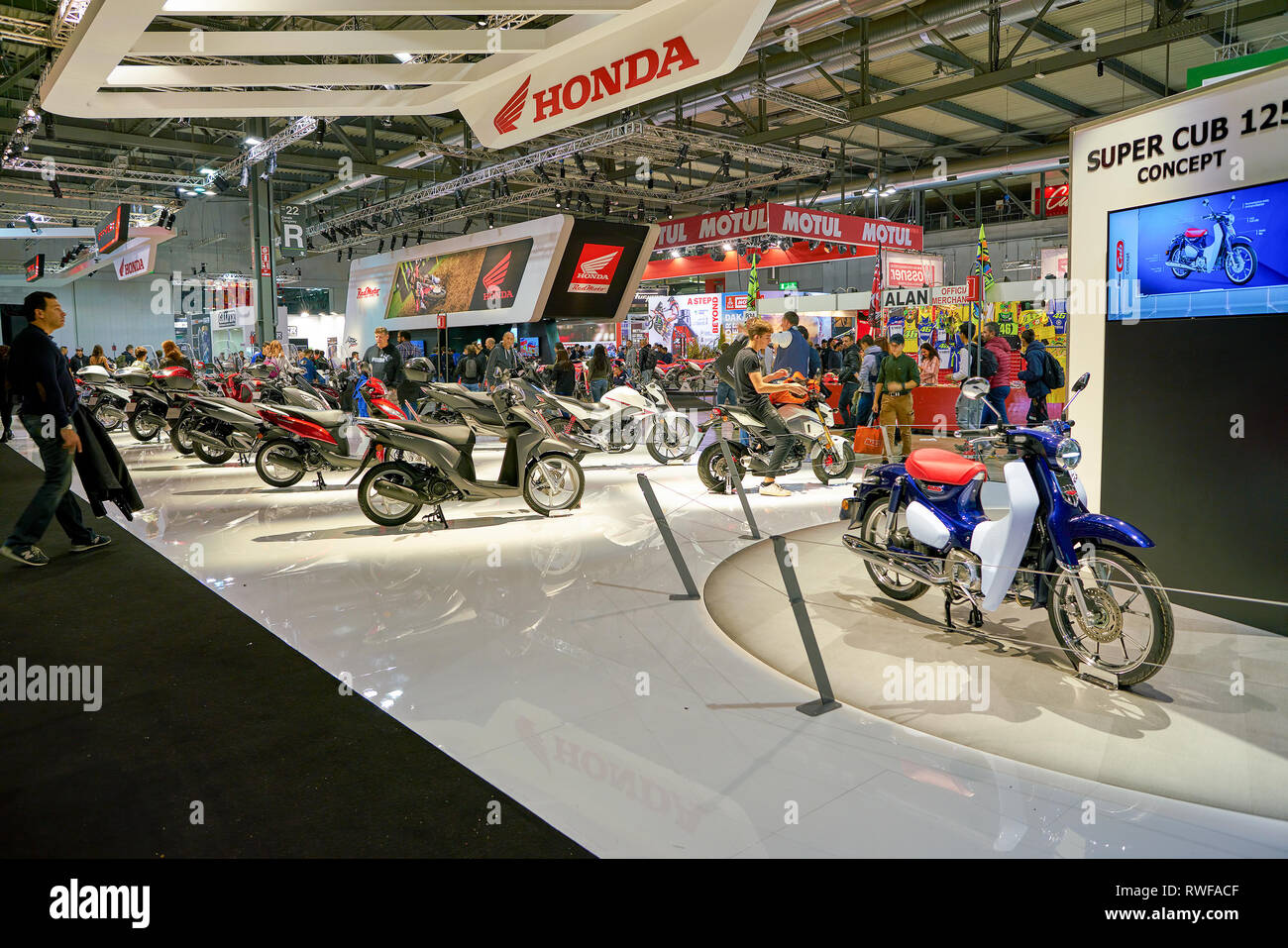 MILAN, ITALY - NOVEMBER 11, 2017: scooters on display at EICMA 2017 ...