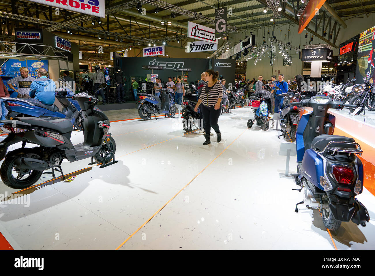 MILAN, ITALY - NOVEMBER 11, 2017: scooters on display at EICMA 2017 ...