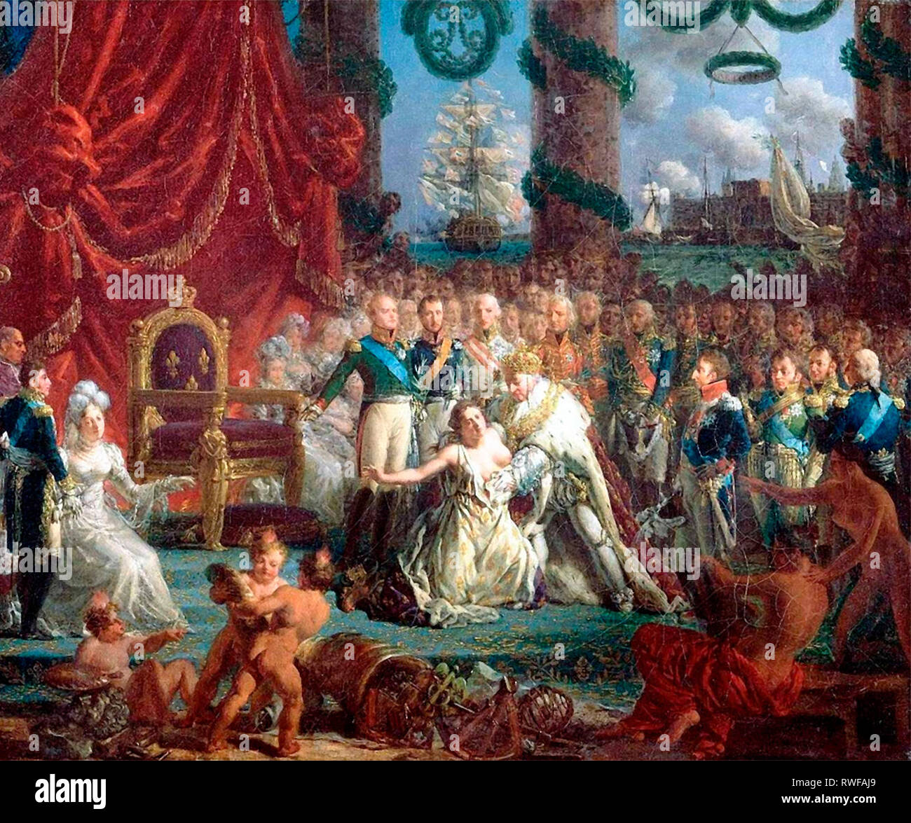 Allegory of the return of the Bourbons on April 24, 1814: Louis XVIII relieving France of its ...